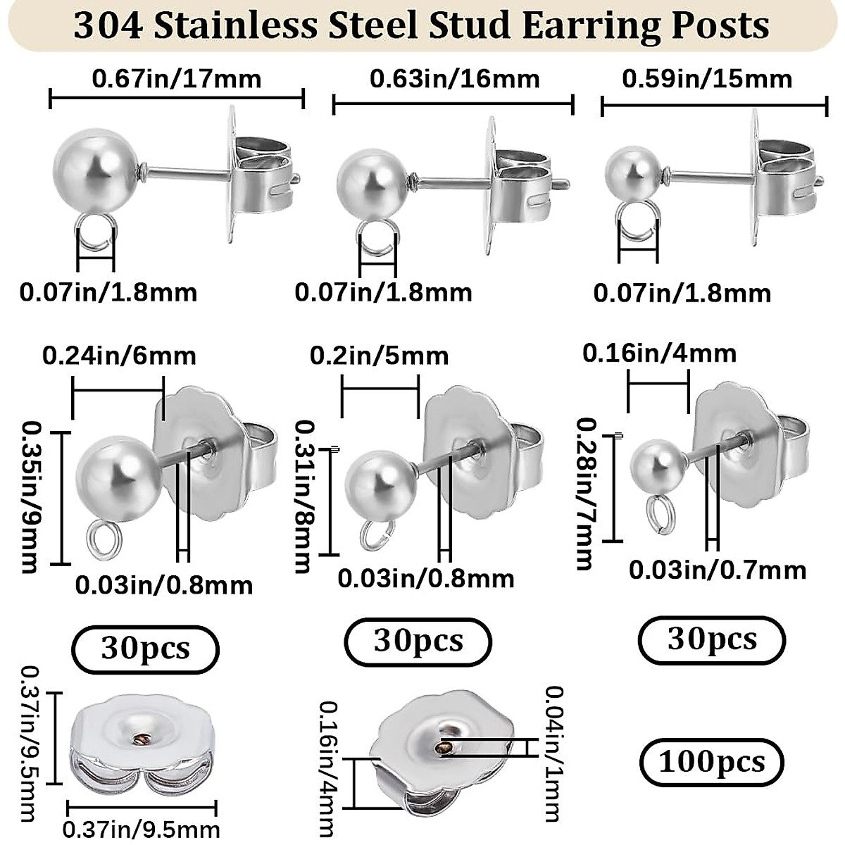 Beebeecraft 1 Box 90Pcs Ball Stud Earring Findings Stainless Steel Smooth Round Geometry Post Earring Studs Components with Loop and 100Pcs Ear Nuts Earring for Jewellery Making Supplies
