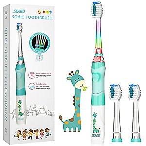 SEAGO Electric Toothbrush Children from 3-12 Years Kids Toothbrushes Electric with Colored Light Smart Timer 3 Soft Brush Heads Waterproof Baby Sonic Toothbrush for Girls Boys SG-977 (Green)