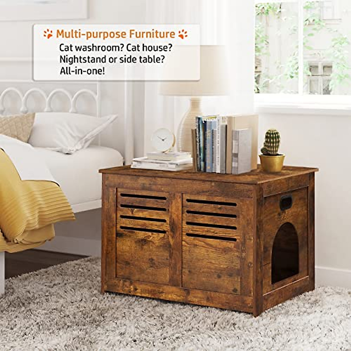 DINZI LVJ Litter Box Furniture, Flip Top Hidden Cat Washroom with Louvered Window, Entrance Can Be on Left/Right Side, Enclosed Cat Litter House Side Table for Most of Cat and Litter Box, Rustic Brown