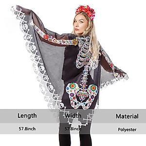 WATCPNO Halloween Skeleton Poncho for Women Day of The Dead Skeleton Costume Lace Skeleton Cape Shawl