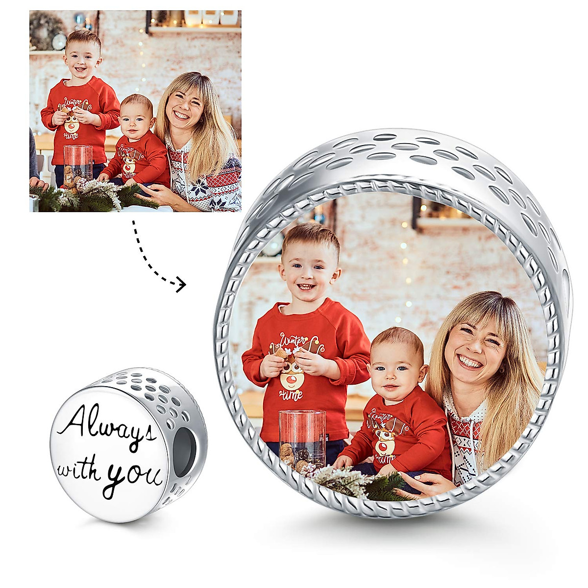 PEIMKO Personalized Photo Charm Fit Snake Bracelet Sterling Silver Customized Picture Round Shape Bead (A-always with you round)