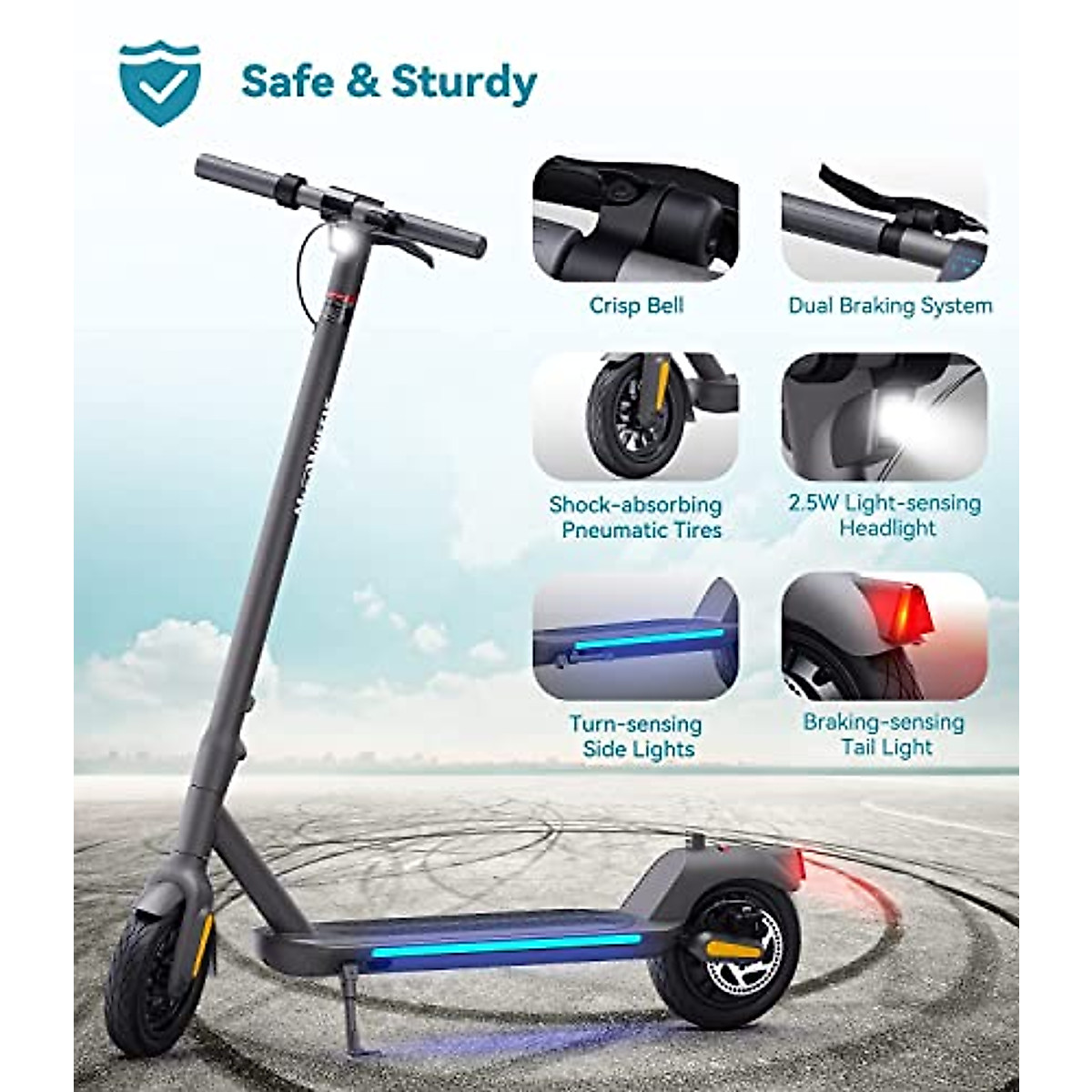 Electric Kick Scooter, 9 inch Pneumatic Tubeless Tires, Max Speed 15.5MPH, Max 15.5/18.6 Miles, 250W/350 Motor, Foldable Electric Scooter for Adults, Max Weight Capacity 220lbs-White