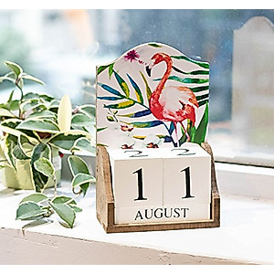 Juvale Wooden Perpetual Desk Calendar Wood Blocks, Flamingo Design (5.5 x 8.75 x 3 inches)