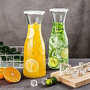 Glass Carafe 4 Pack, Goldarea 35 Oz Water Carafe with 6 Lids, 1 Liter Glass Pitcher, Beverage Jugs, Carafe Set for Mimosa Bar Supplies, 4 Long-Handled Mixing Spoons and Chalkboard Label