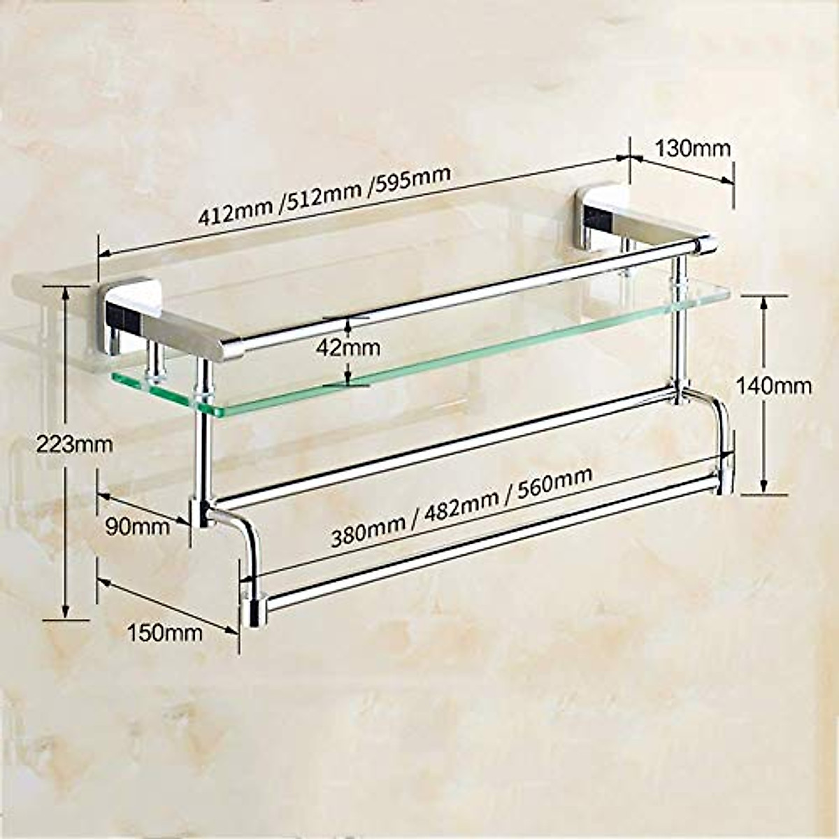 PIBM Stylish Simplicity Shelf Wall Mounted Floating Rack Wooden Bathroom Shelves Rack Rectangle Tempered Glass Cosmetic Rack Tower Hanger Guardrail Save Space - 3 Sizes, a , 51.2x13x4.2cm