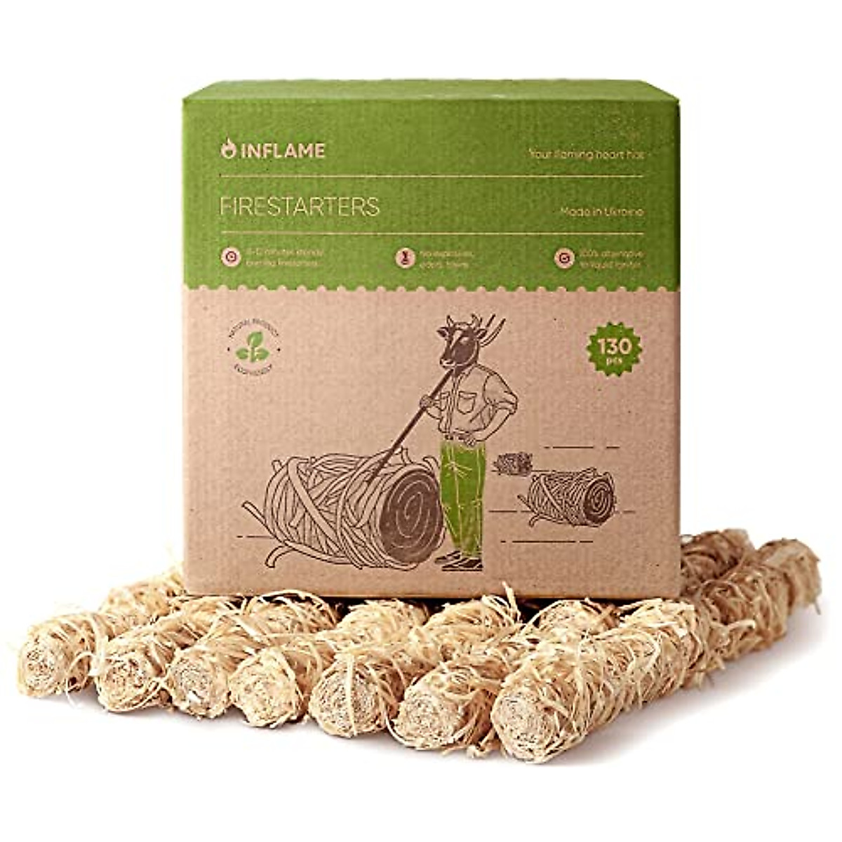 Inflame Fire Starters 130 pcs for Campfires, Grill, BBQ, Fireplace, Woodstove - Charcoal Starter - Waterproof, Weather-Resistant - Natural Wood Fireplace Starters