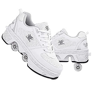Roller Skates for Women Outdoor,Parkour Shoes with Wheels for Girls/Boys,Kick Rollers Shoes Retractable Adults/Kids,Quad Roller Skates Men,Unisex Skating Shoes Recreation Sneakers,Silver-6.5US