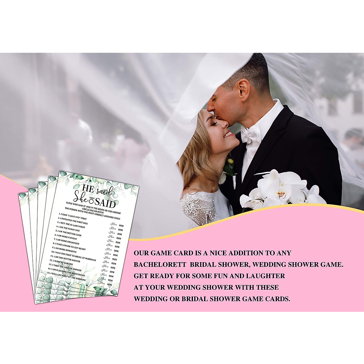 Bridal Shower Game Set - He Said She Said Party Cards for Wedding - Greenery Wedding Party Favor Decor - Tropical Jungle Engagement/Bachelorette Party Games Supplies & Activities - 30 Game Cards(B01)