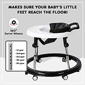 HARPPA Foldable Baby Walker, Sit to Stand Activity Center with Wheels, Seat and Height Adjustable (Black)