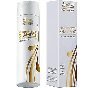 Vitamins Keratin Shampoo Hair Treatment - Biotin and Collagen Protein with Castor Oil for Curly Wavy and Straight Locks - Sulfate Free Product for Dry Damaged or Color Treated Hair