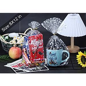 Bottom Gusset Bags 50Pcs 8X12" Silver Star Clear Cellophane Bags Plastic Gift Bags Cello Bags Treat Bags Bulk Party Favor Goodie Cookie with Gold Twist Tie