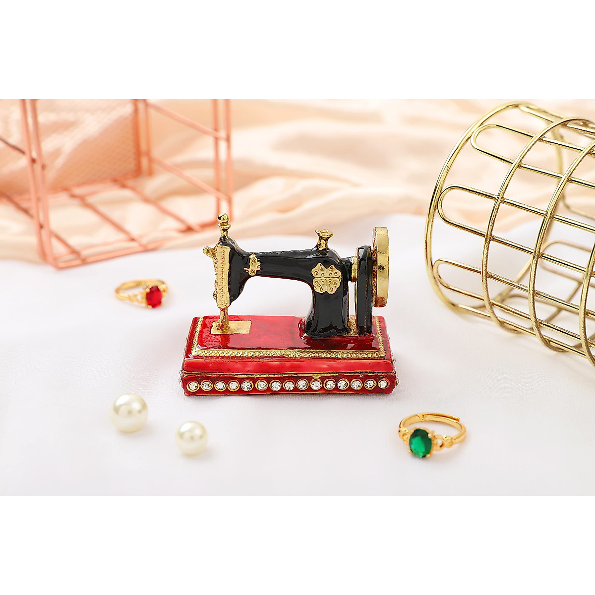 QIFU Vintage Sewing Machine Style Red Mini Enamel Trinket box Hinged, Unique Gfit for Family