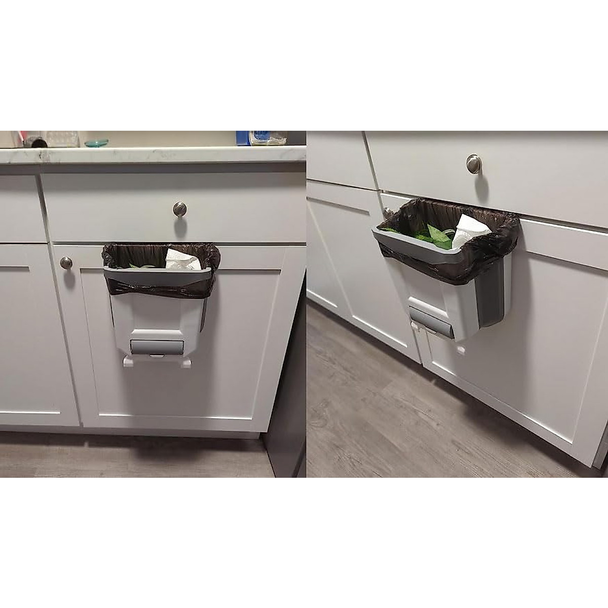 Hanging Kitchen Trash Can 2.4 Gallon White Plastic Collapsible Bin Wall Mounted for Cabinet Door, Perfect for Organizing Small Spaces in Your Home - Hang in Kitchen, Car, Bedroom, or Bathroom!