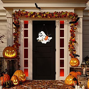 Amyhill Halloween Boo Decorations Wooden Ghost Hanging Sign 3D Black Cat Front Door Hanger Halloween Wreaths Spooky Welcome Sign for Halloween Indoor Outdoor Wall Home Porch Party Haunted House