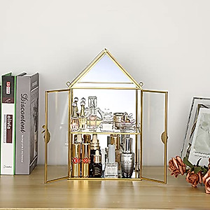 ELLDOO 2 Tier Clear Glass Storage Box, Gold Mirrored Jewelry Makeup Display Organizer Case, Decorative Tower box Storage for Trinket Perfume Lipstick Figure Statue Toy Display, House Shape