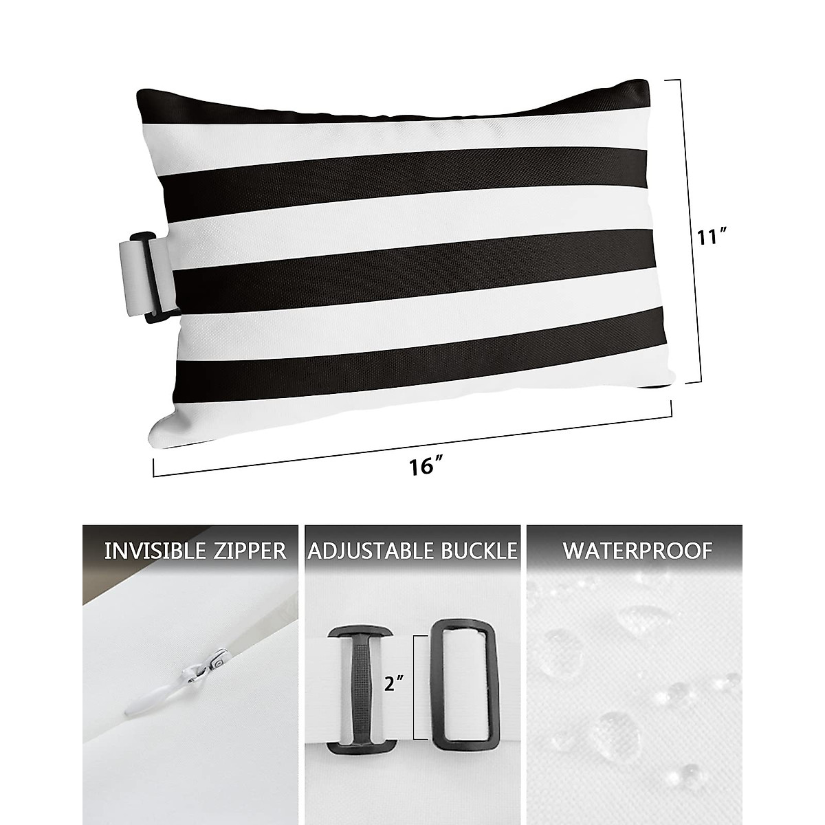 Outdoor Pillow for Chaise Lounge Chair, Simple Stripe Black and White Waterproof Headrest Pillow Lumbar Pillows with Insert & Adjustable Elastic Strap for Beach, Poolside, Patio, Office (1 Pack)