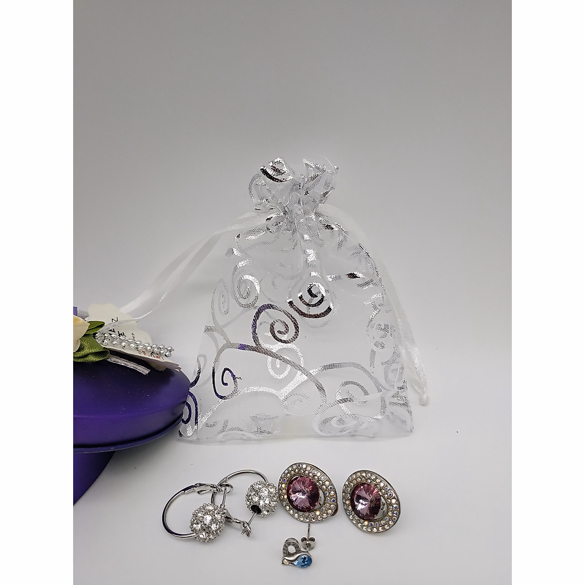 Ankirol 100pcs Sheer Organza Favor Bags For Wedding Baby Shower Rattan Print Gift Bags Samples Display Drawstring Pouches (3x4, silver)