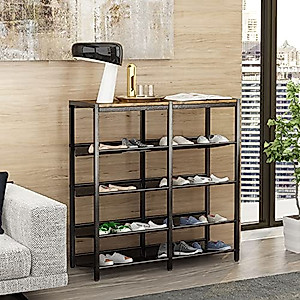 AWQM 5 Tier Shoe Rack Organizer,Industrial Closet organizer,Holds 12-15 Pairs of Shoes,Stackable Shoe Shelf with 4 Metal Mesh Shelves /Wood Tabletop,Coset Shelf for Entryway, Hallway, Closet, Brown