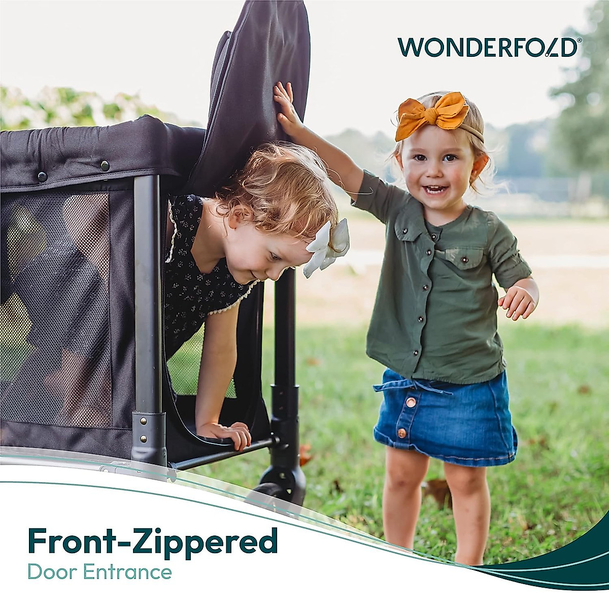 WONDERFOLD W2 Original + Stroller Wagon (2 Seater) - Collapsible Wagon Stroller with Seats with 5-Point Harnesses, Easy-Access Door, and Adjustable Sun Canopy, Black