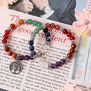 Eigso 2Pcs 7Chakra Bracelet with Tree of life Simbol Sign Pendant Healing Mala Wristband for Men Women
