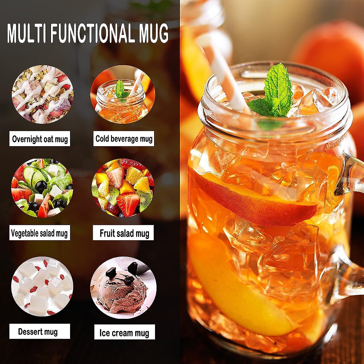 TANGLONG Mason Jar Cups, Mason Jars With Handle And Lids, Mason Jar Drinking Glasses, Glass Mason Jar Mugs 16 oz –12 Pack