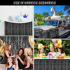 Bouiexye 2 Pack 29.5x108 Inch Black Foil Tinsel Fringe Table Skirts, Disposable Table Skirts for Rectangle Tables Curtains Backdrop Parade Wedding Floats Baby Shower Birthday Mardi Gras Party