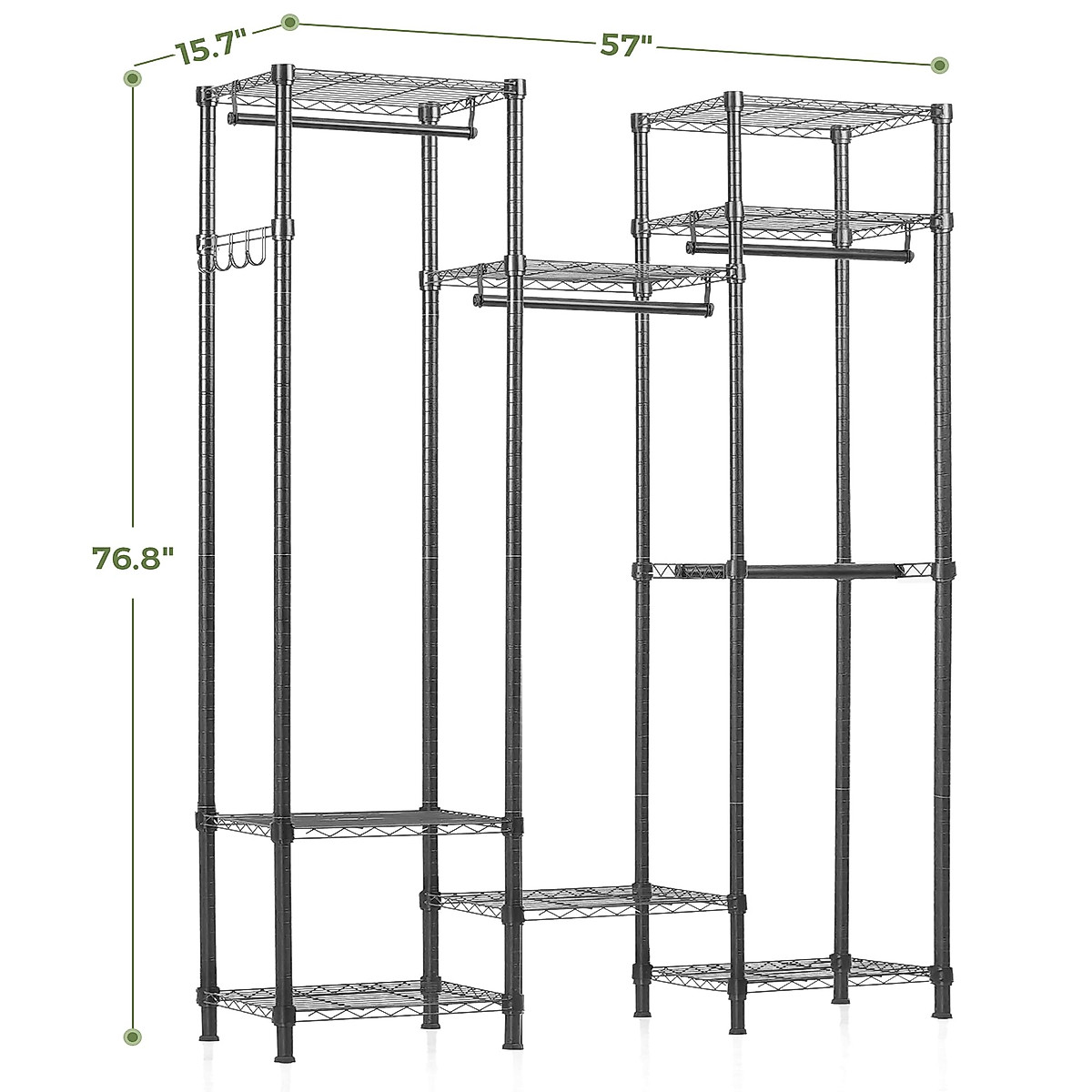 JS HOME Portable Closet Wardrobe Heavy Duty Clothes Rack, Freestanding Clothing Rack with 4 Hang Rods & 8 Shelves, Adjustable Closet Rack, 57" L x 15.7" W x 76.8H, Max Load 925LBS, Black
