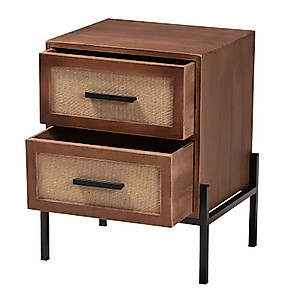 Baxton Studio Paxley Walnut Brown Wood and Beige Fabric 2-Drawer End Table