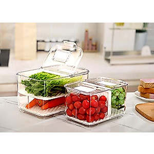 REFSAVER Produce Container Bins for Refrigerator Fruit Storgae Container with Foldable Lid Fridge Produce Saver with Removable Drain Tray Vegetable Baskets for Kitchen