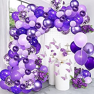Purple Shades Balloons Garland Arch Kit-128Pcs 5” 12” Dark Pastel Light Metallic Confetti Purple Balloons Arch Set for Purple Wedding Birthday Baby Shower Graduation Party Decorations