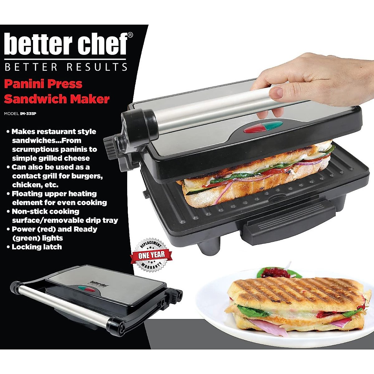 Better Chef Panini Press | Non-Stick | Drip Tray | Floating Hinge | Locking Latch | Status Lights | Fixed Temp