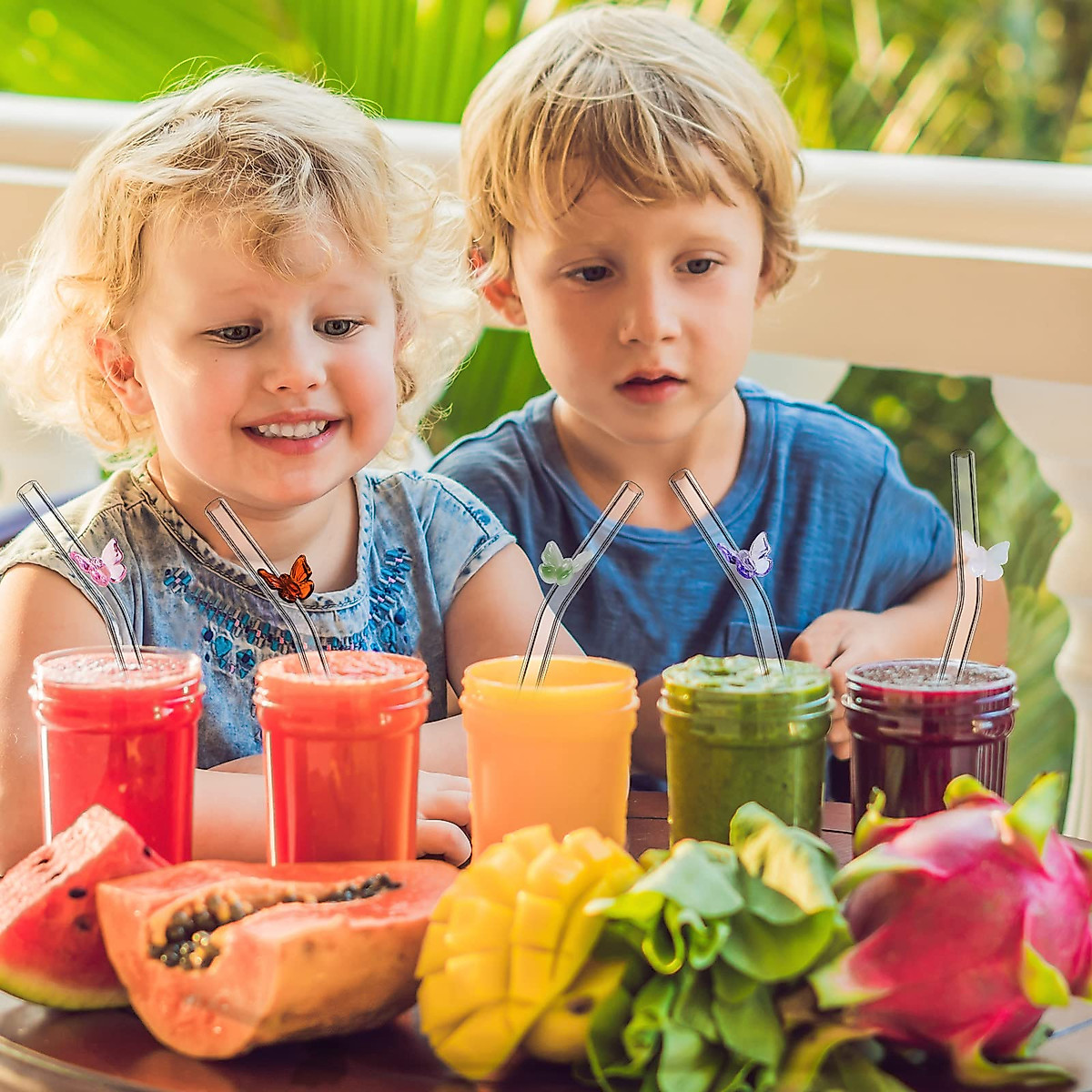 8 Pcs Glass Straws with Butterflies 8 mm x 7.9 Reusable Glass Straws Colorful Glass Butterfly Straws Shatter Resistant Bent Drinking Straws with 2 Cleaning Brushes for Smoothie Juice Beverages