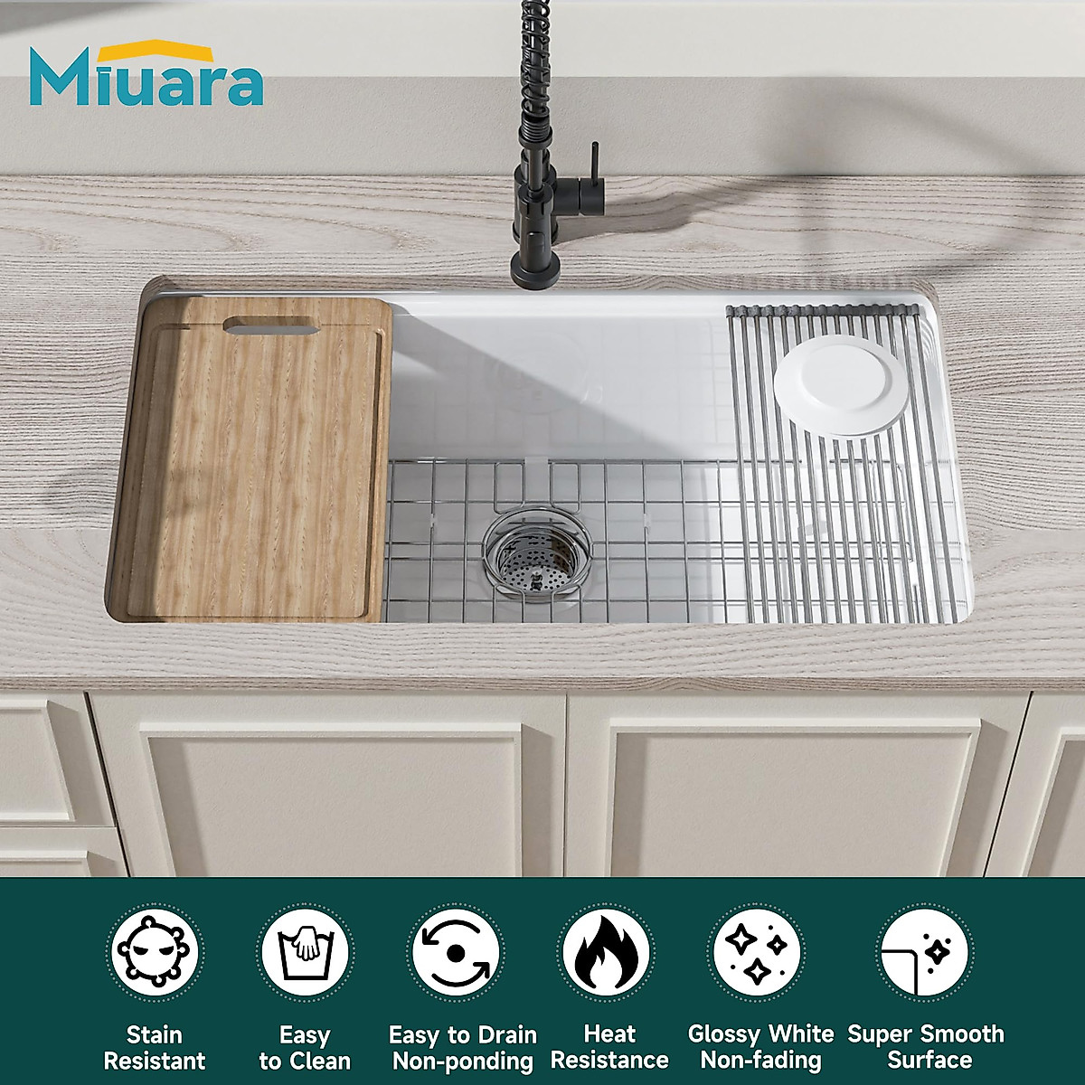 Miuara White Workstation Kitchen Sink 33 Inch - White Undermount Kitchen Sink 33"x19"x10", Large Kitchen Sink Drop In, Single Bowl Topmount Fireclay Sink for Kitchen,with 4 Custom Accessories