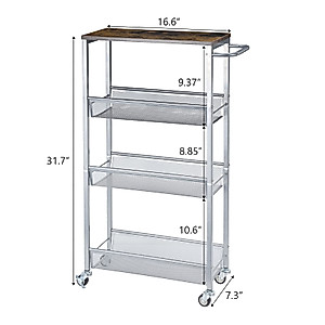 NANANARDOSO Slim Rolling Cart, Narrow Cart with Wood Top, 7.3'' Deep, Metal Handle and Wire Mesh Kitchen Cart for Narrow Space on Kitchen, Bathroom, Silver.