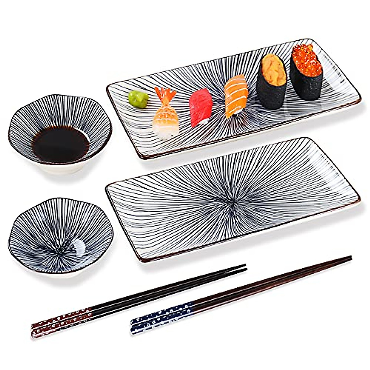Relaxing Garden 6 piece sushi plate set, 10-inch ceramic rectangle sushi dishes, sushi serving set for 2, with 2 sushi plates 2 sauce bowls 2 pairs of chopsticks