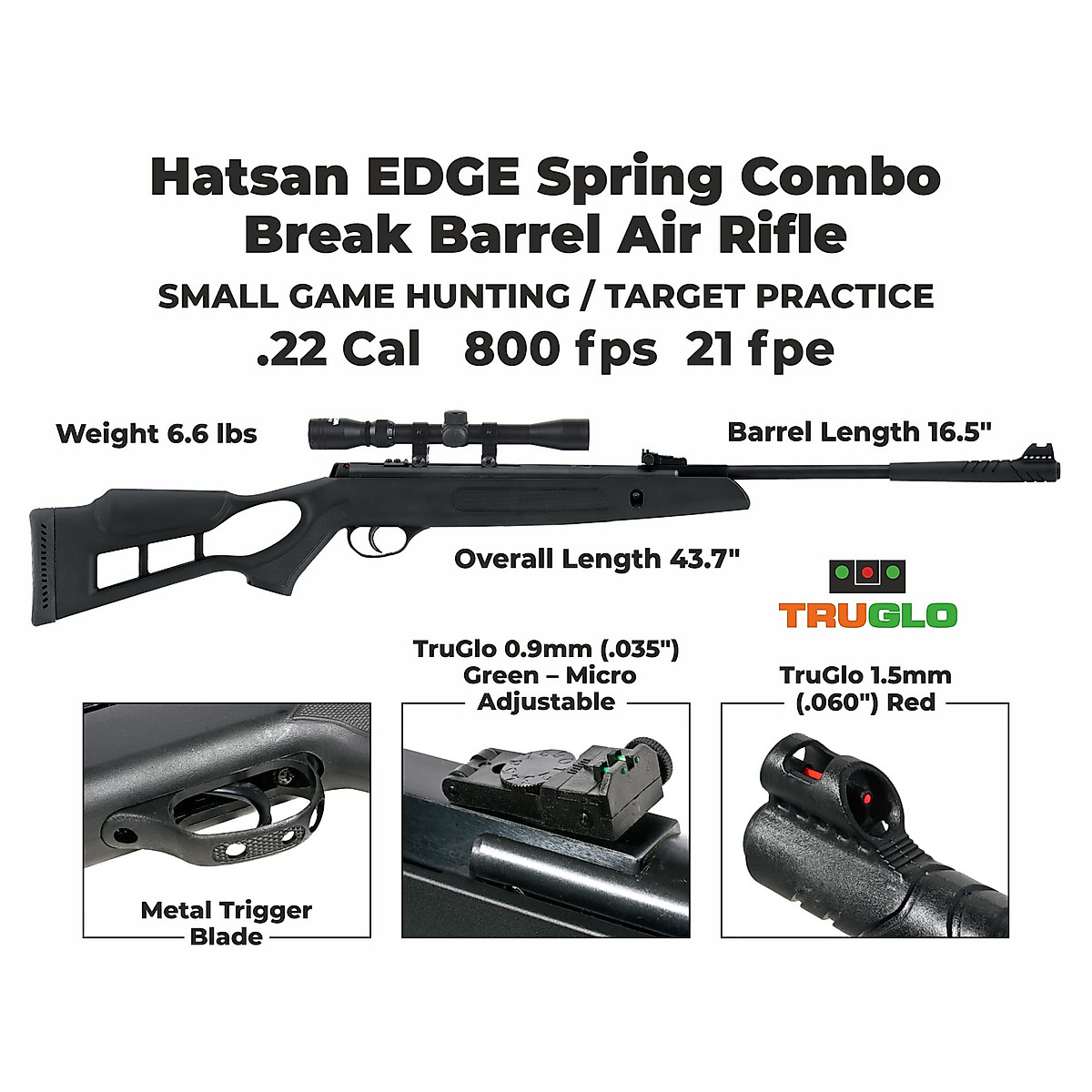 Hatsan Edge .22 Cal 1000 FPS / 21 FPE - Brake Barrel Air Rifle .22 Caliber w/ 3-9X32 Scope, QuietEnergy (QE) & Spring Piston | Small & Medium Game air Gun + Wearable4U 250x Pellets Bundle