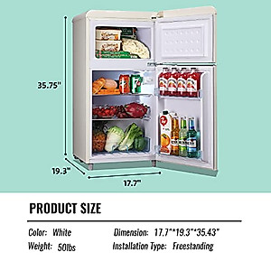 DEMULLER Retro Mini Refrigerator 3.5 CU.FT Dual Door Fridge with Handle Removable Glass Shelves 7 temperature control levels for Dorm, Office, Bedroom