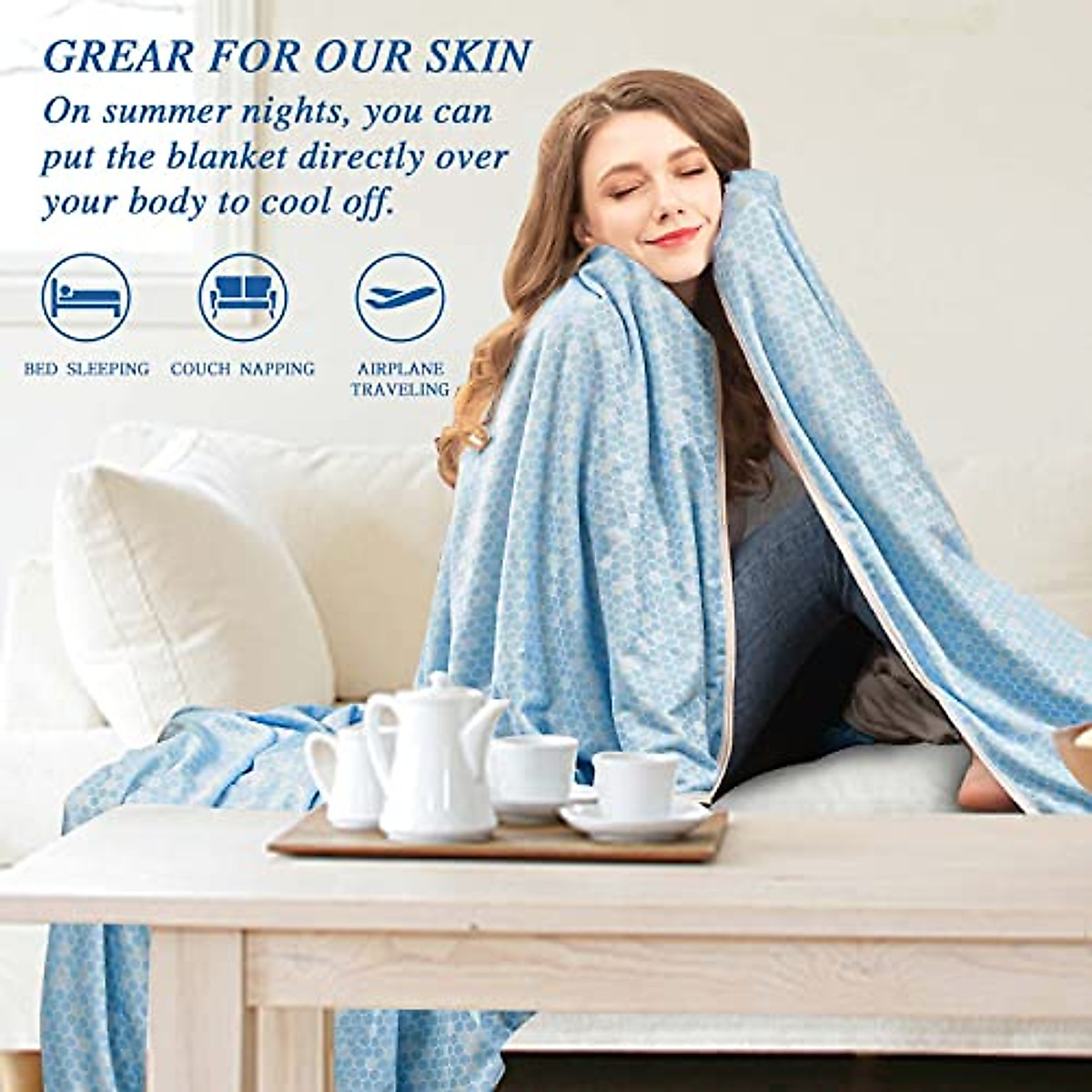 Inhand Cooling Blanket for Hot Sleepers Sleeping Night Sweats, Cooling Throw Blanket Queen Full Size(79''x86'') Arc-Chill Q-Max >0.45 Cool Fiber, 100% Cotton Summer Blanket Ultra Cold Breathable, Blue