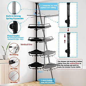 XLHOMO 32-122inch Corner Shower Caddy Tension Pole Black, Rustproof Drill-Free Shower Shelves for Bathroom Bathtub Washbasin, Adjustable Shower Organizer with 4 Tier Patent Stable Shelves & Towel Bars
