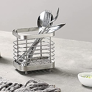 ANHORTS Kitchen Utensil Holder, Stainless Steel Sink Utensil Holder Countertop, Kitchen Utensil Drying Caddy, Cutlery Drainer for Kitchen Utensil, Rust-Proof Cutlery Utensil Organizer (silver)
