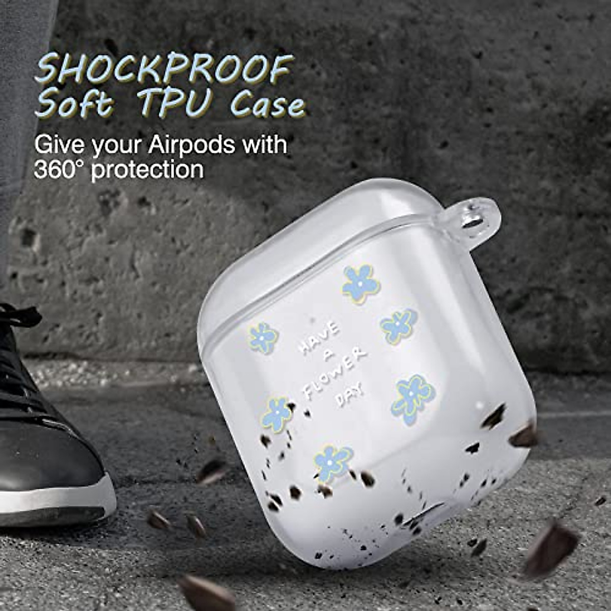 Newseego Compatible with Airpods 1&2 Case, Cute Clear Girl Fashion Blue Small Flower Design Full Protective Soft Silicone Cover with Blue Small Flower Keychain for Kids and Womens -Blue Flower