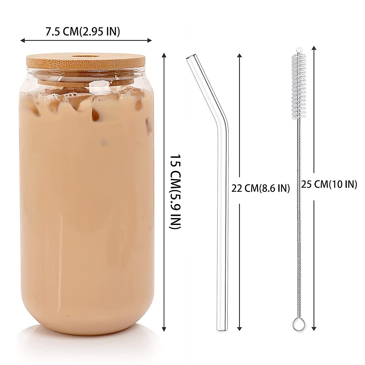 Weiei Beer Can Glasses with Bamboo Lids and Glass Straw 4pcs Set - 16oz, Wide Mouth Iced Coffee Cups with 4 Straws, Can Shaped Glass Cups, Reusable Glass Tumbler Boba Cup for Tea, Boba, Smoothie