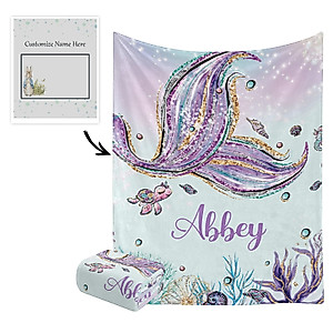 XOZOTY Print Mermaid Tail Purple Personalized Baby Blanket Swaddling with Name Nursery Fleece Throw Blankets for Newborns Boys Girls Kids Pet 30 X 40 Inch