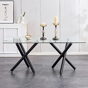 Ginxesh 71" Glass Dining Table Set,0.39" Glass Top Dinner Table with 6 Chrome Metal Legs,High Back PU Leather Padded Dining Chairs,Dining Table Set for Kitchen or Living Room Use (6 Sets, Black+Grey)