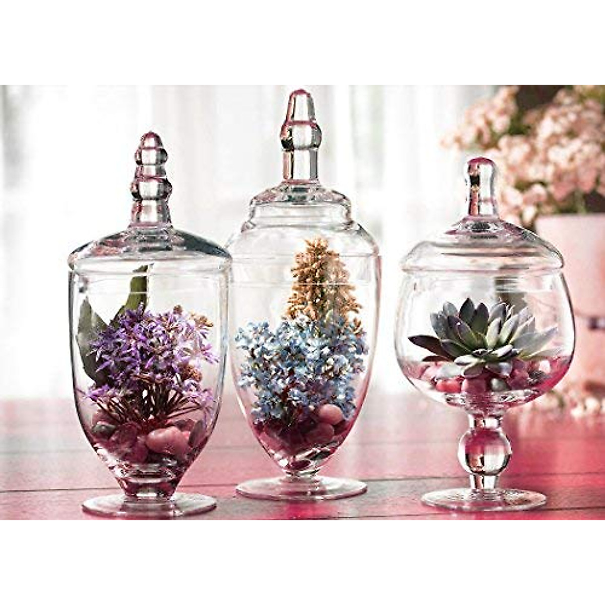 Palais Glassware Clear Glass Apothecary Jars - Set of 3 - Wedding Candy Buffet Containers (Small, Clear)
