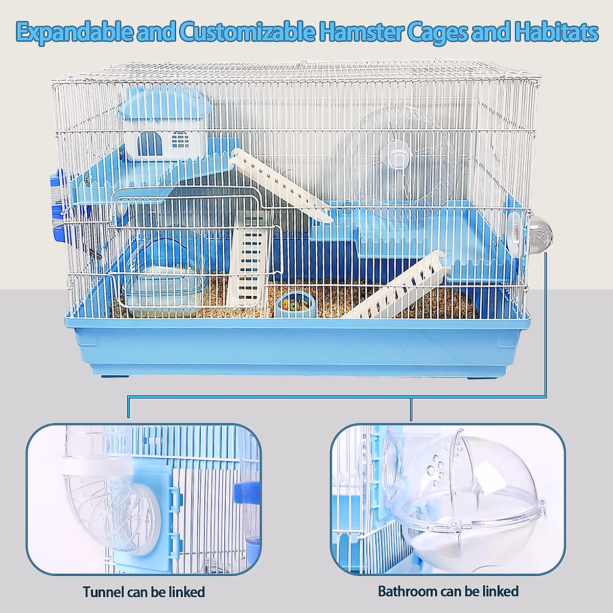 kathson Hamster Cages and Habitats Large Gerbil Cage with Accessories Hut Exercise Wheel Water Bottle Bowl Bathtub Small Animal Basic Cage for Syrian Hamster，3- Levels，22" L x 12.5" W x 14" H，Blue