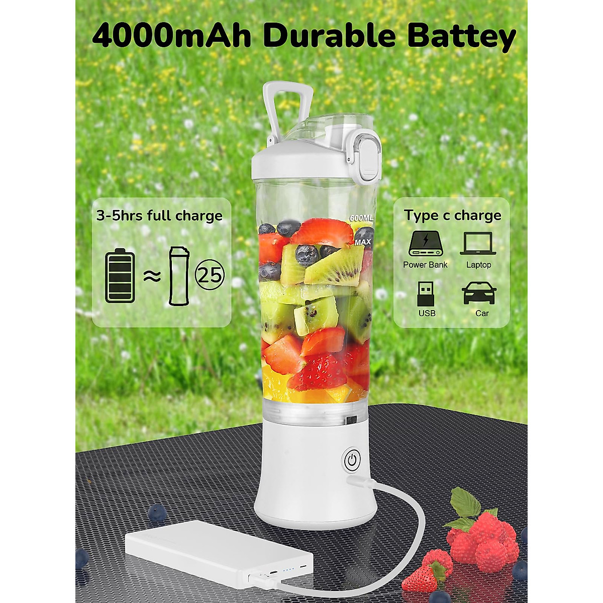 Portable Blender 20oz Large Capacity, 6 Blades Mini Blender for Shakes and Smoothies, BPA Free Personal Blender with Rechargeable USB, Fresh Juice Blender for On the Go, White