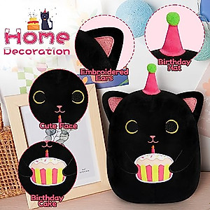 KOPHINYE Black Cat Plush, 8 inch Birthday Cat Stuffed Animal Happy Birthday Plush Cute Cat Plush Pillow with Cake, Kawaii Cat Plushie Birthday Plush for Girls, Boys and Cats