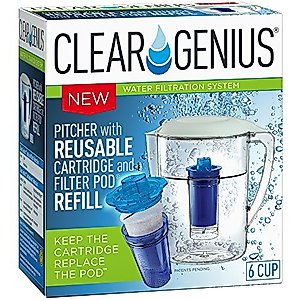 Clear Genius Water Pitcher Filtration System FWP-1, Includes Reusable Filter Cartridge and Filter Pod Refill, Clear, 6-Cup Capacity