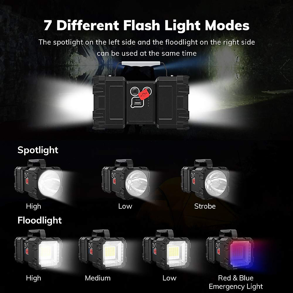 JODK Bright Rechargeable Flashlight, Portable Handheld Spotlight Searchlight 10000mAh 1200LM with 3+4 LED Lights Modes, Waterproof Flashlight with USB Output Power Bank